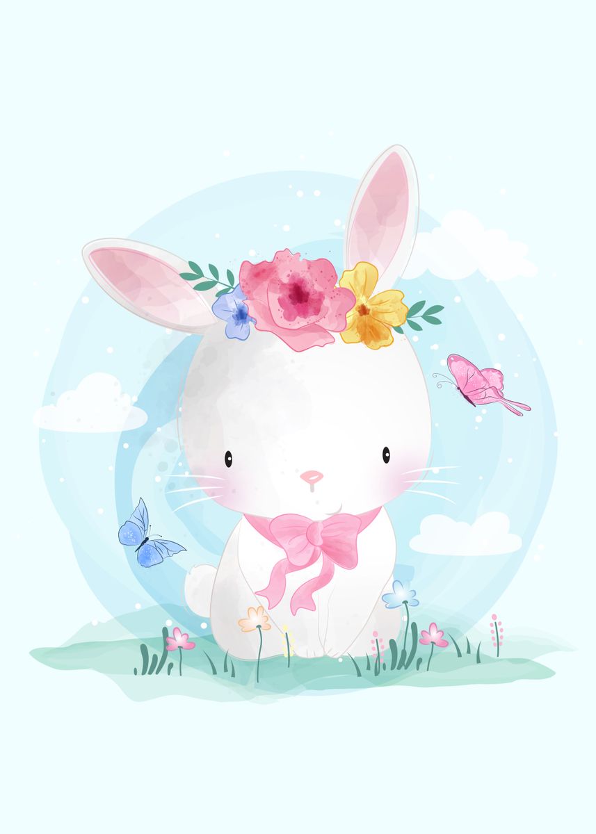 'Cute Bunny With Butterfly' Poster, picture, metal print, paint by ...