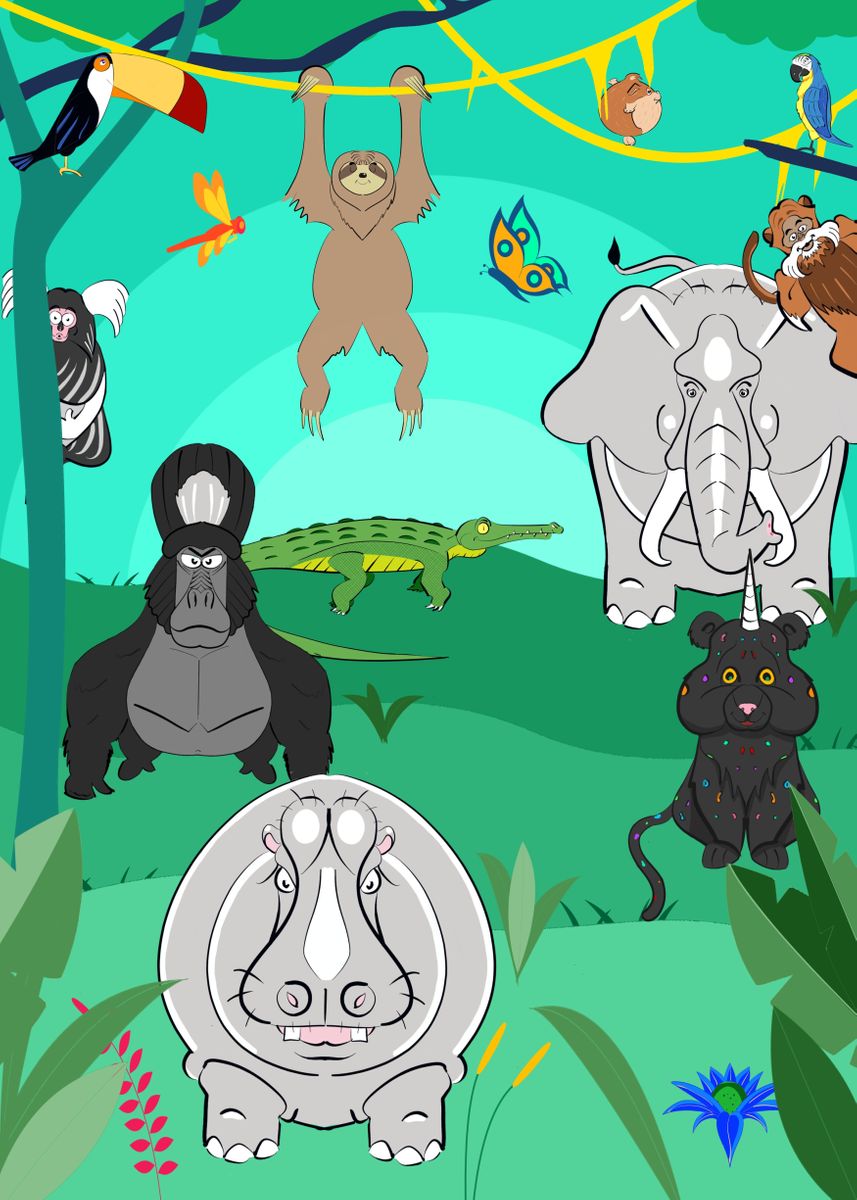 'Jungle Animals' Poster, picture, metal print, paint by Alban | Displate