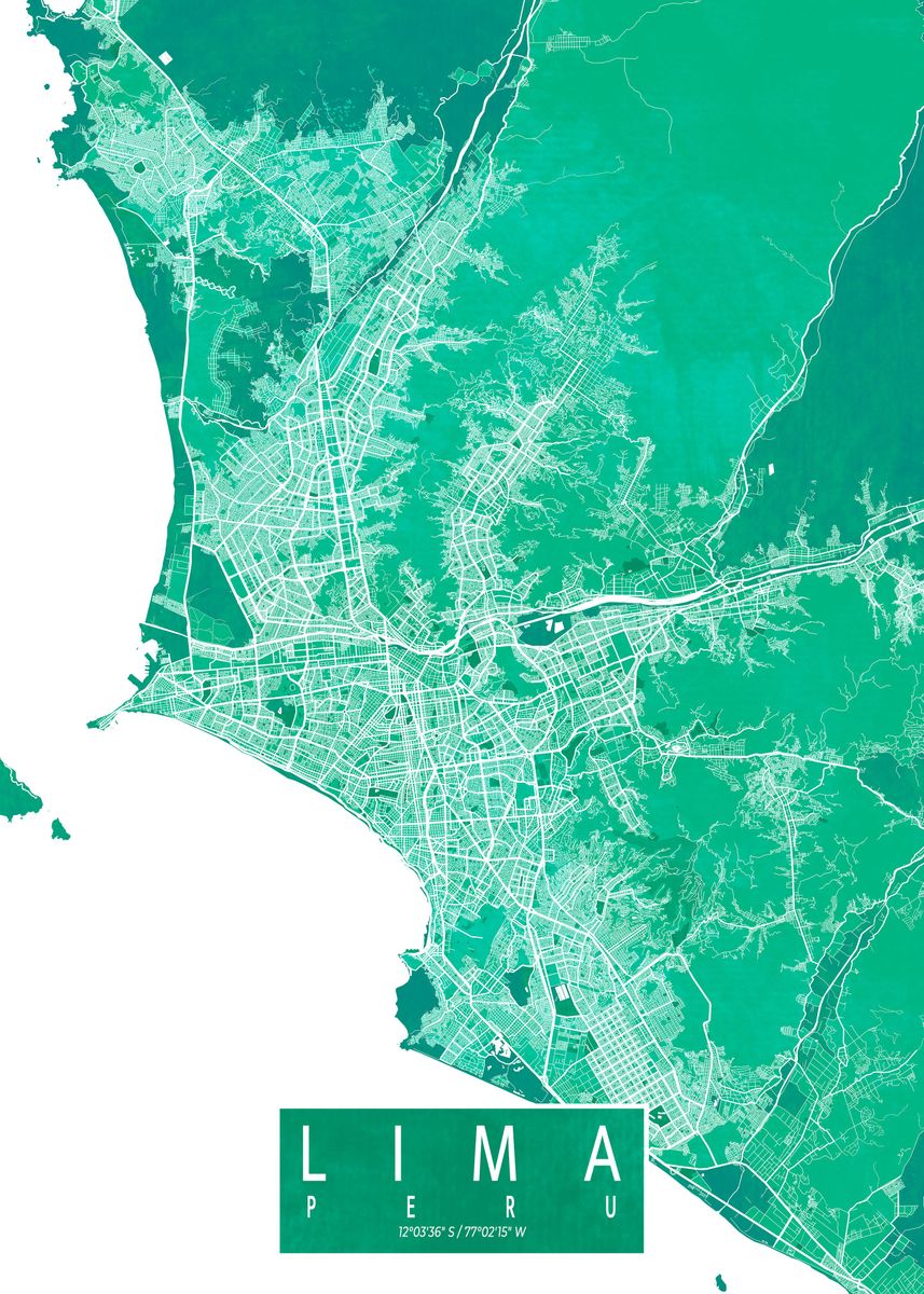 'Lima City Map Watercolor' Poster, picture, metal print, paint by deMAP Studio | Displate