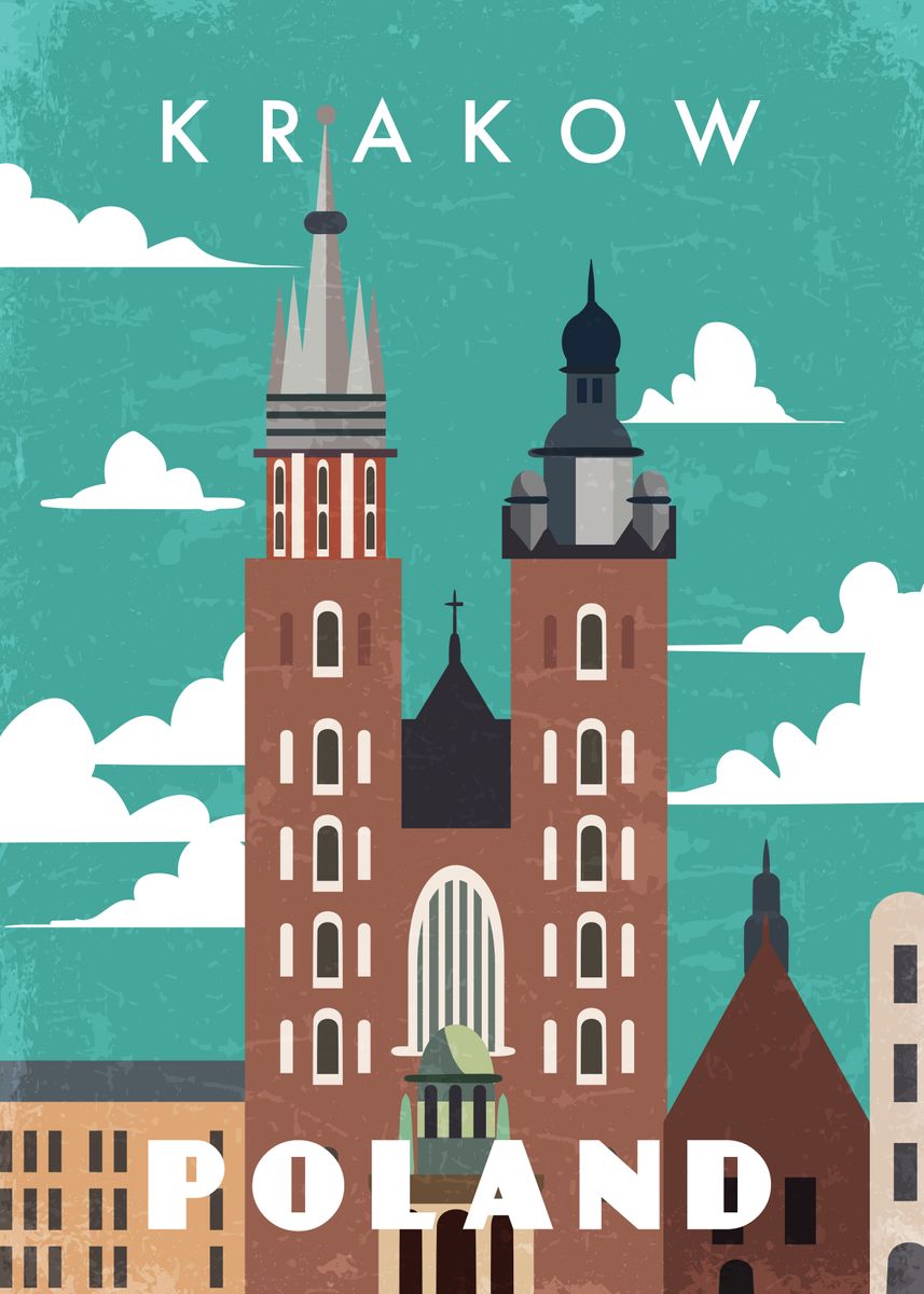 'Krakow Poland retro travel' Poster by Moon Calendar Studio | Displate