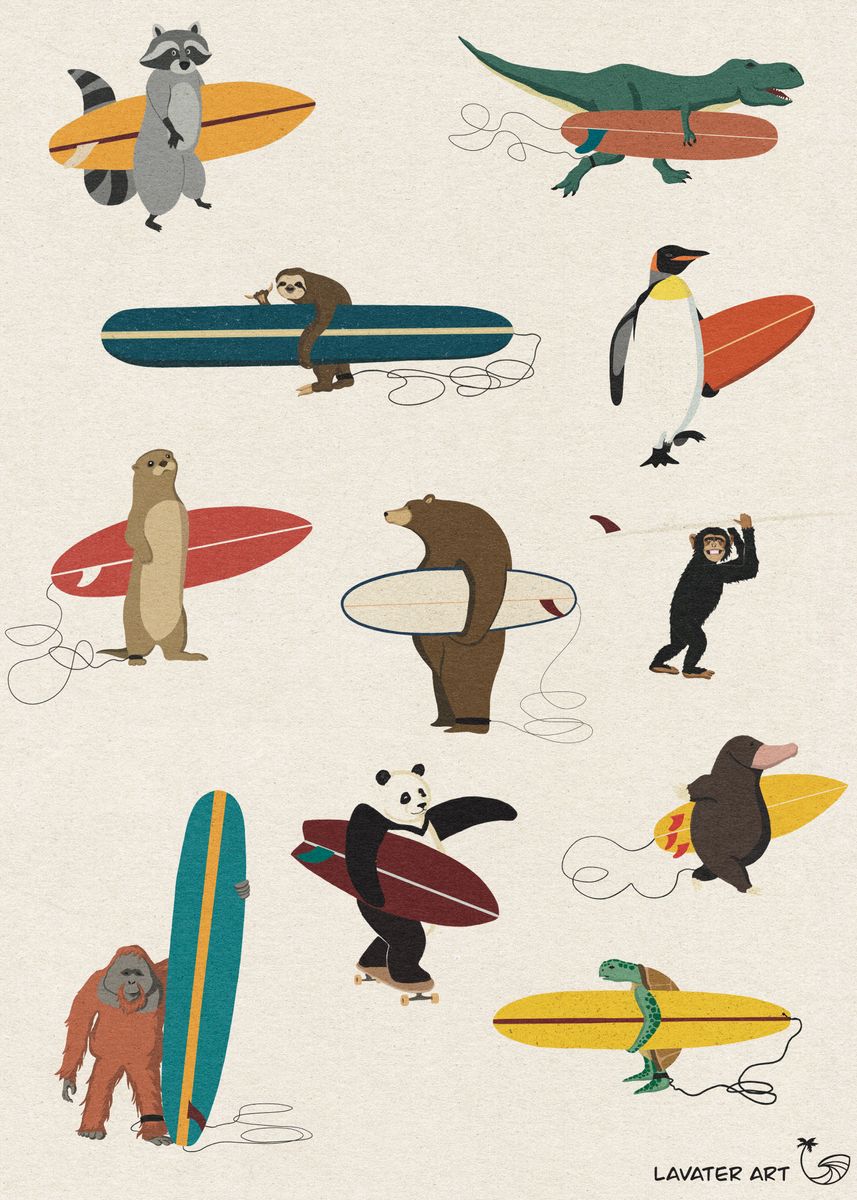 'Surfing Animals ' Poster, picture, metal print, paint by Fabian ...