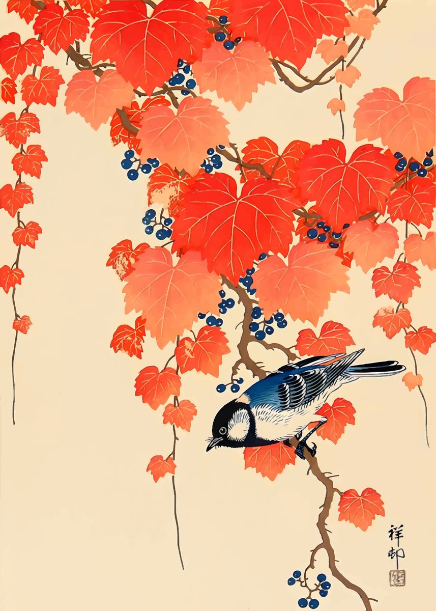 'Ukiyo e Bird Red Ivy' Poster, picture, metal print, paint by kagezami ...