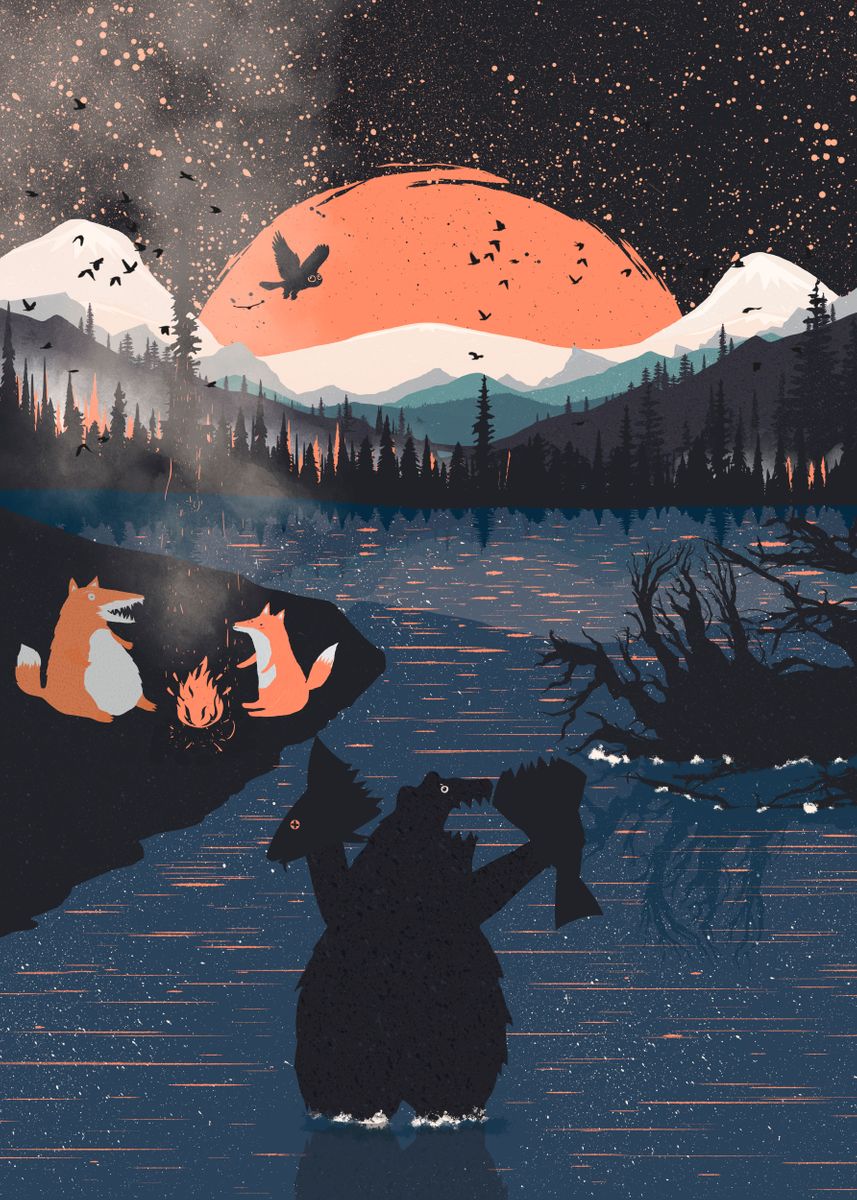 'Fox Punk and Orange Moon' Poster, picture, metal print, paint by Ilya ...