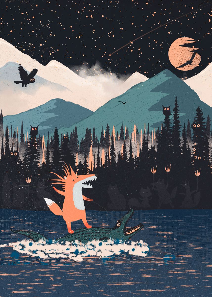 'Fox Punk and Orange Moon' Poster by Ilya Danilov | Displate