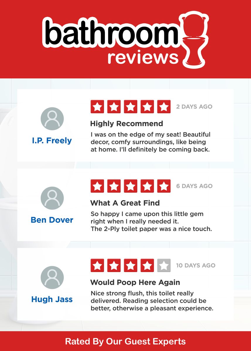 'Funny Bathroom Reviews' Poster, picture, metal print, paint by ...