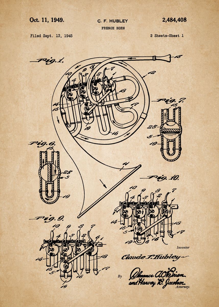 ' French Horn Blueprint' Poster, picture, metal print, paint by Neo ...