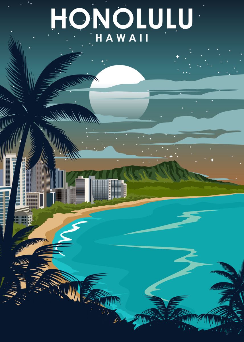 'Honolulu Hawaii at Night' Poster, picture, metal print, paint by Jorn ...
