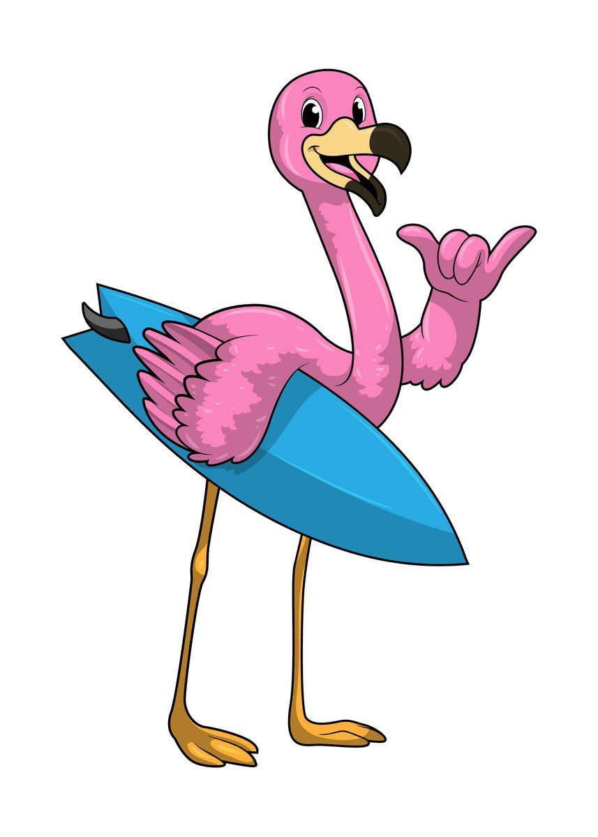 'Flamingo Surfer Surfboard' Poster, picture, metal print, paint by ...