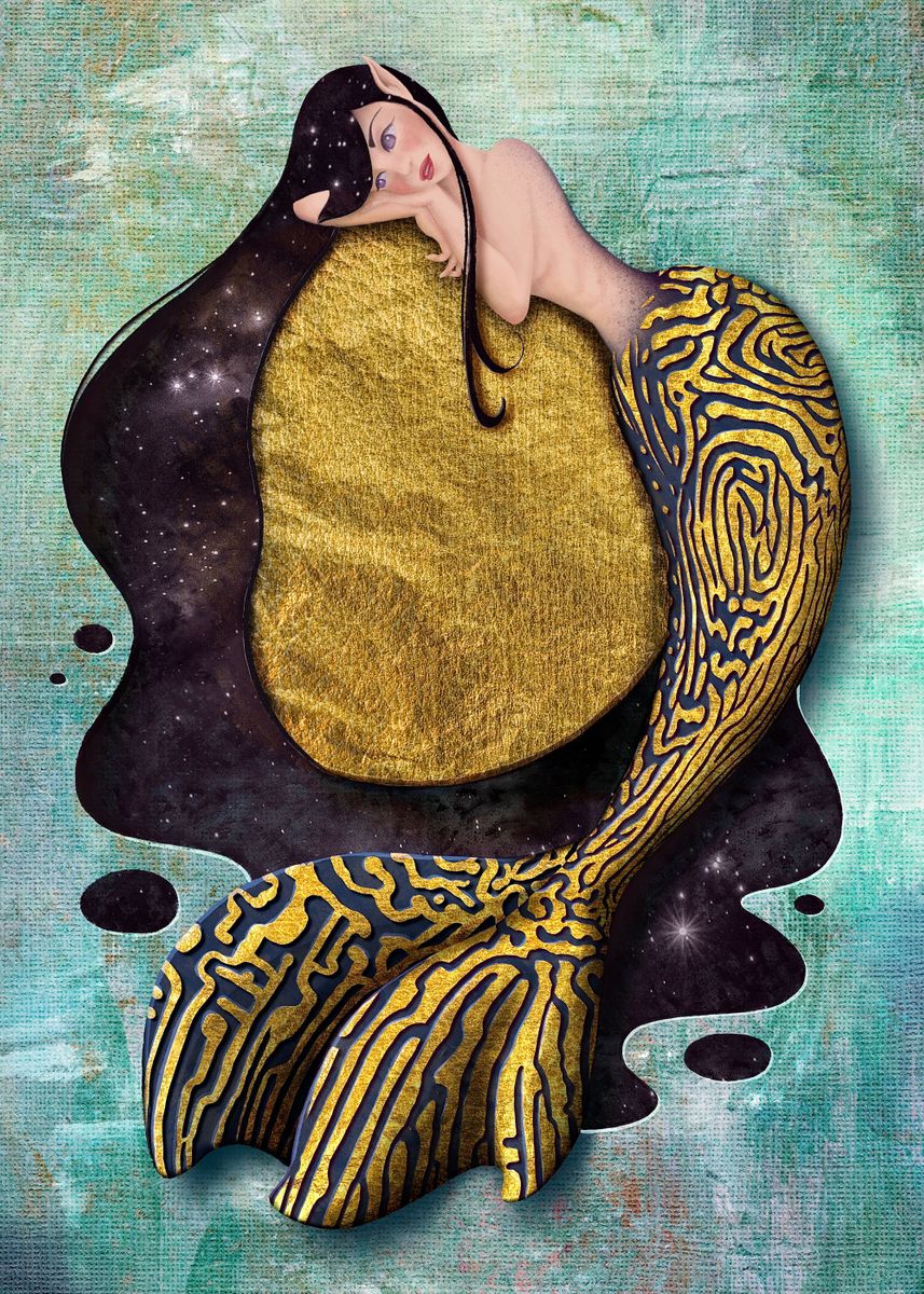 'Space Mermaid Golden Sun' Poster, picture, metal print, paint by ...