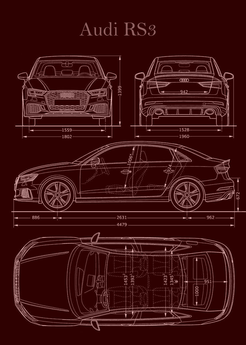 'Audi RS3 2017 Blueprint ' Poster by TheGolden Hand | Displate