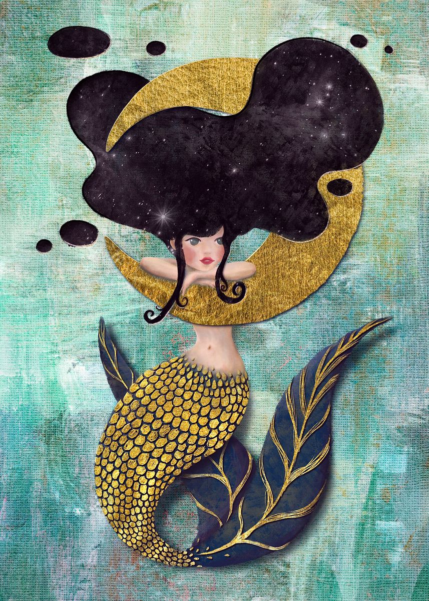 'Space Mermaid Golden Moon' Poster, picture, metal print, paint by ...
