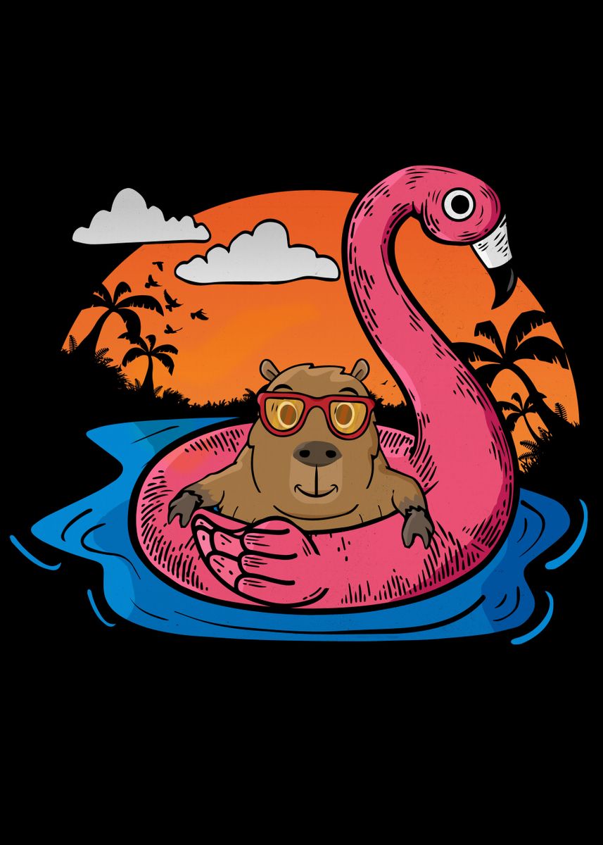 'Capybara Swimming Pool' Poster, picture, metal print, paint by ...