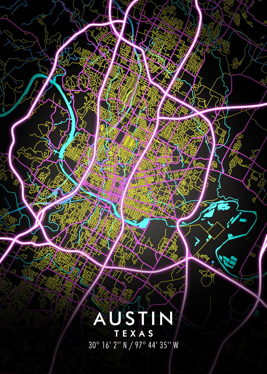 'Austin Map' Poster, picture, metal print, paint by Miracle Studio ...