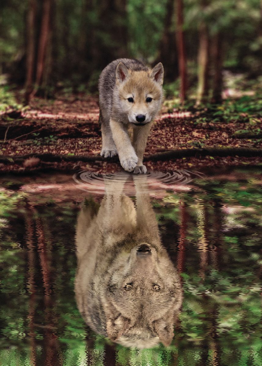 'Wolf and pup water reflect' Poster, picture, metal print, paint by ...