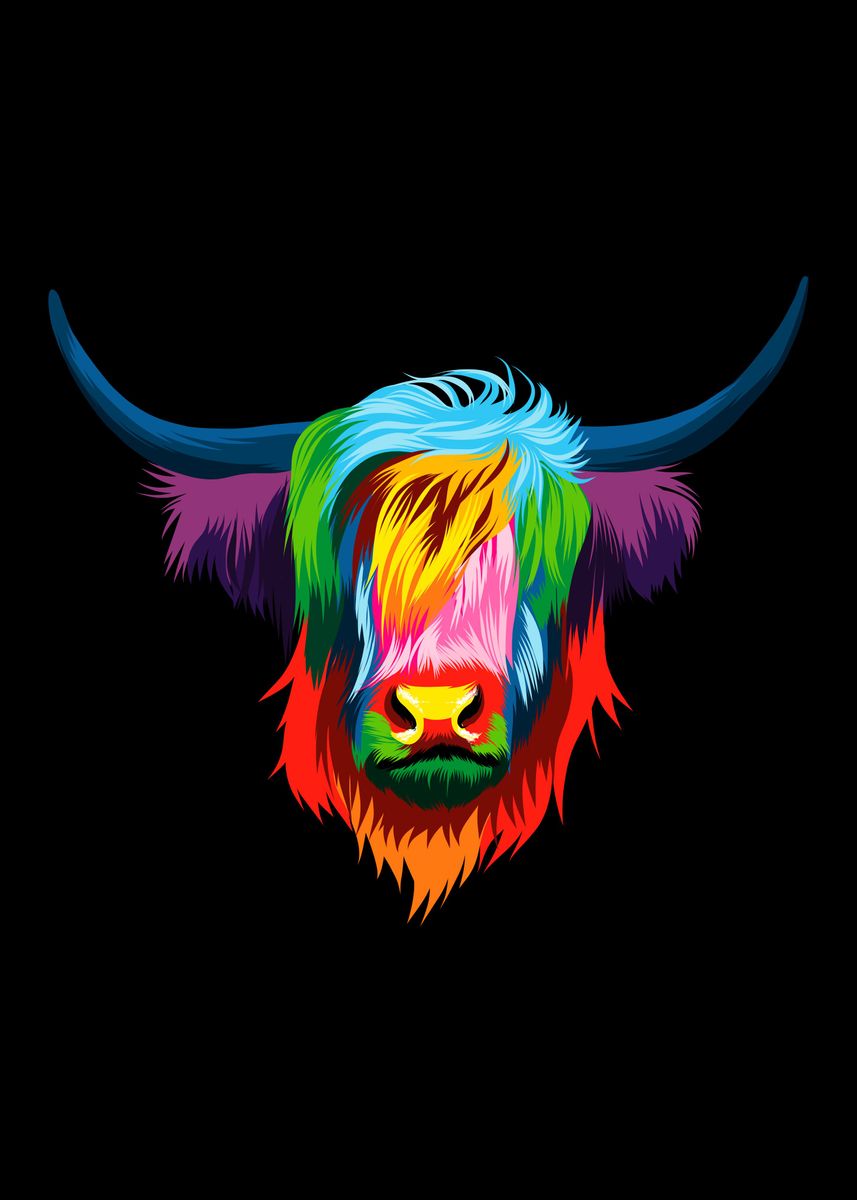 'Highland Cow Head Colorful' Poster, picture, metal print, paint by ...