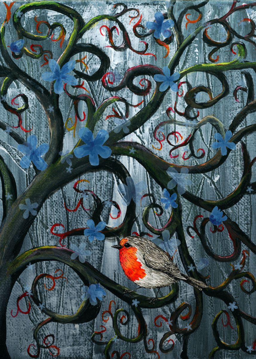 ' Curly tree with robin' Poster, picture, metal print, paint by Bianca ...