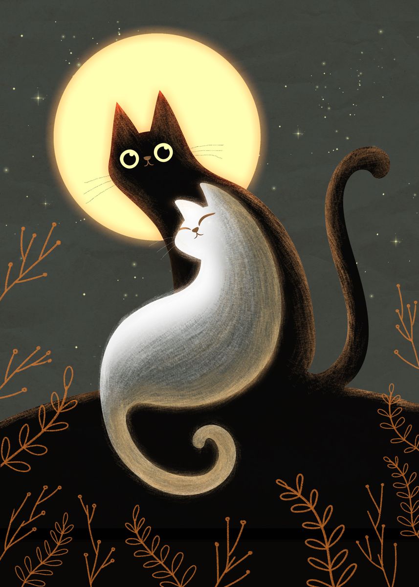 'Cats in the Moonlight' Poster, picture, metal print, paint by ...