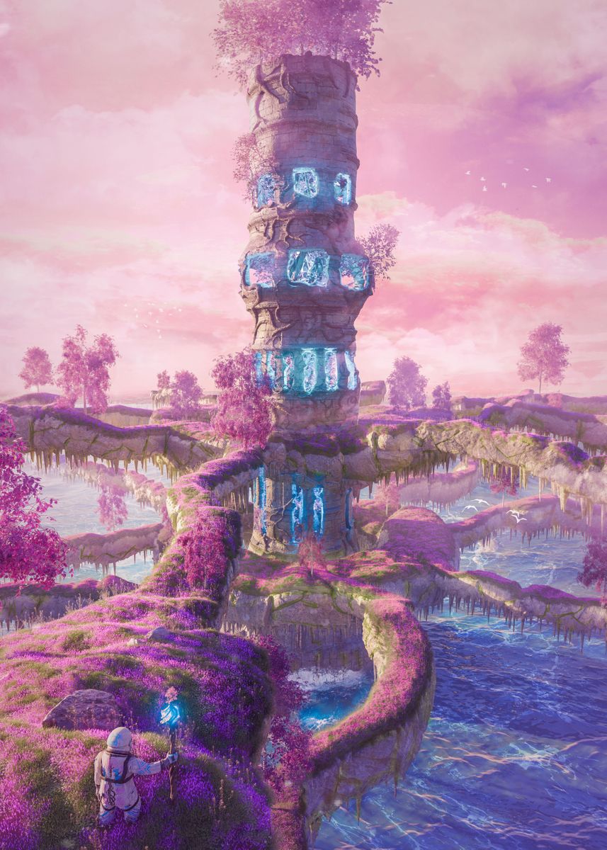 'Tower in a Pink World' Poster, picture, metal print, paint by Camillo ...