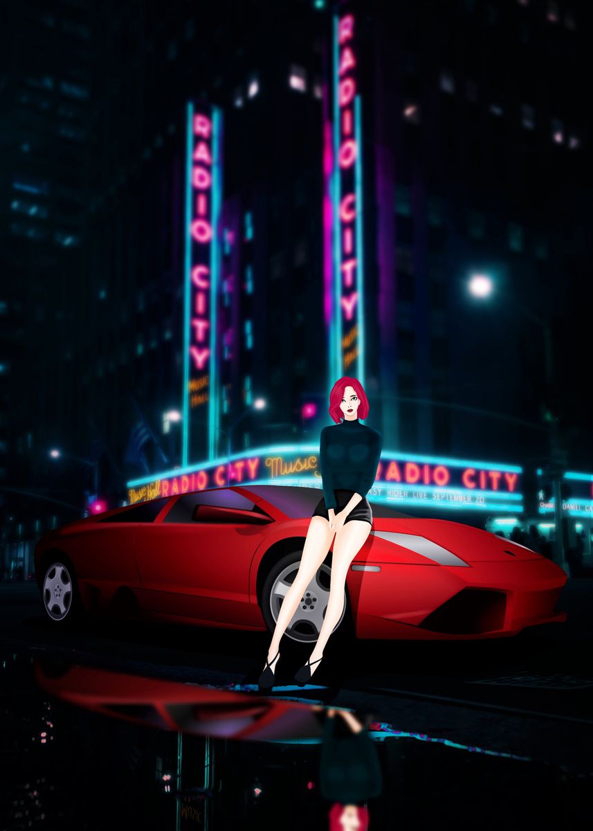 'girl and red car' Poster, picture, metal print, paint by best art ...