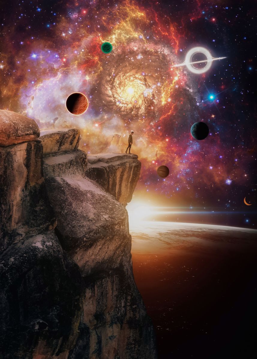 'On top Cliff and planets' Poster by Gen Z | Displate