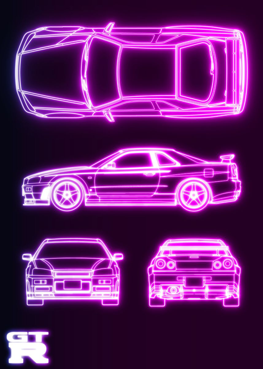 'Skyline R34 NEON BLUEPRINT' Poster, picture, metal print, paint by ...