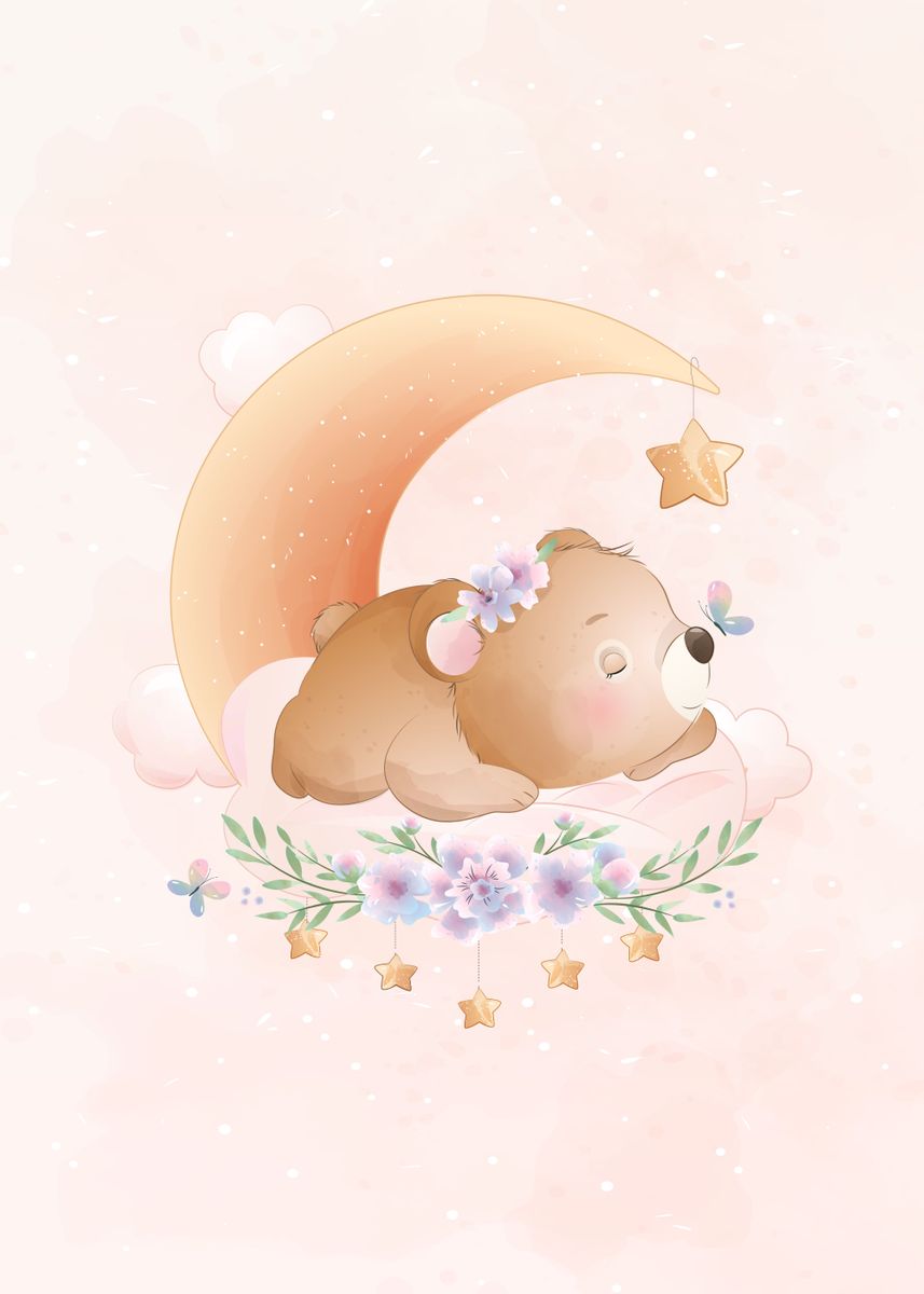 'Bear sleeping on the moon' Poster, picture, metal print, paint by ...