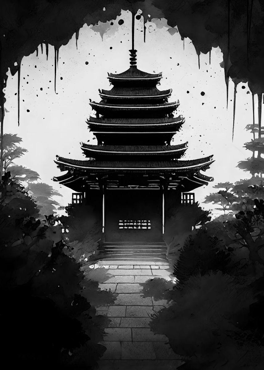 'Japanese Temple Watercolor' Poster, picture, metal print, paint by ...