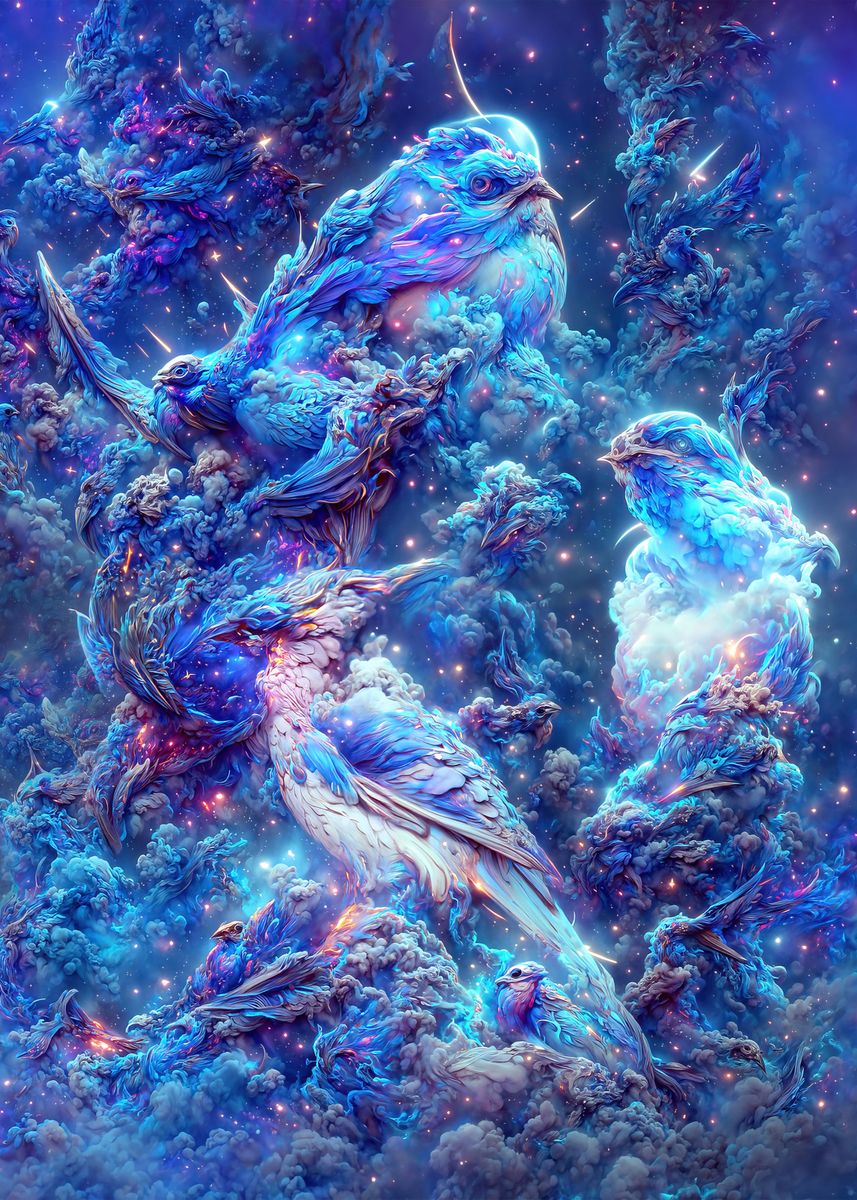 'Blue Galaxy Birds' Poster, picture, metal print, paint by DVArt | Displate