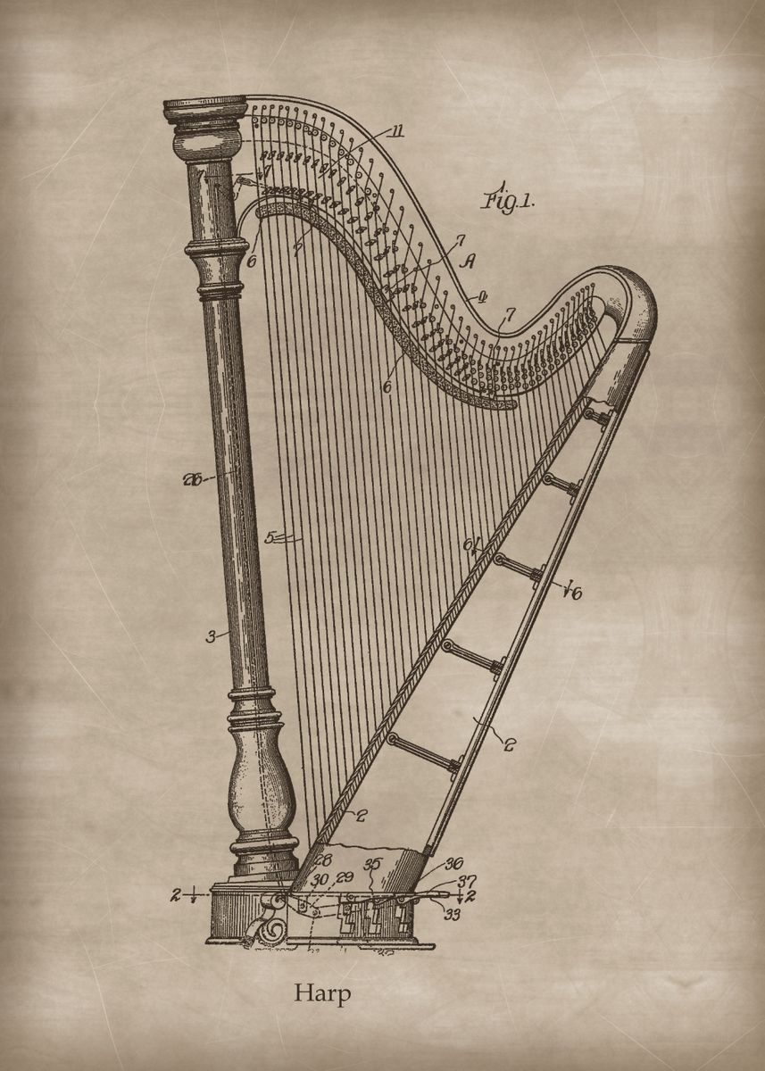 'Vintage Harp' Poster, picture, metal print, paint by XandYart | Displate