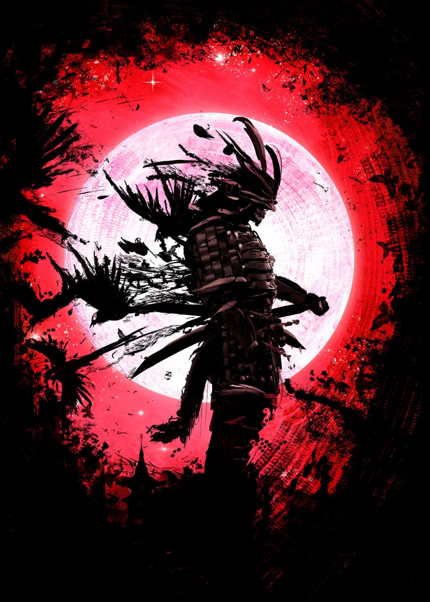 'Japanese Samurai Red Moon' Poster, picture, metal print, paint by ...