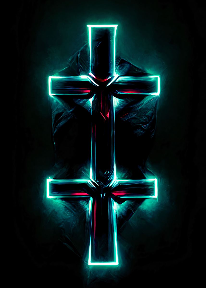 'Neon Double Cross' Poster, picture, metal print, paint by Holzkovic ...