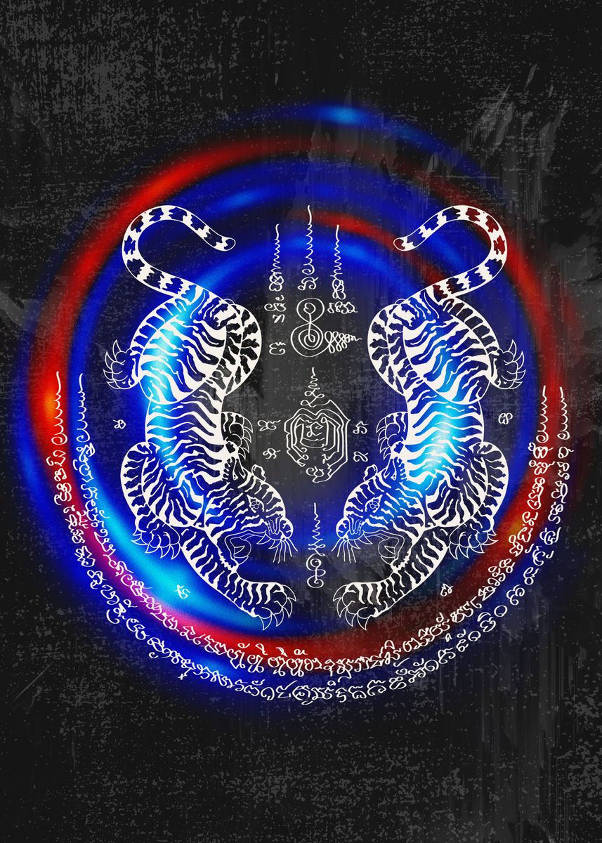 'Sak Yant Tigers Neon Flare' Poster, picture, metal print, paint by 888 ...