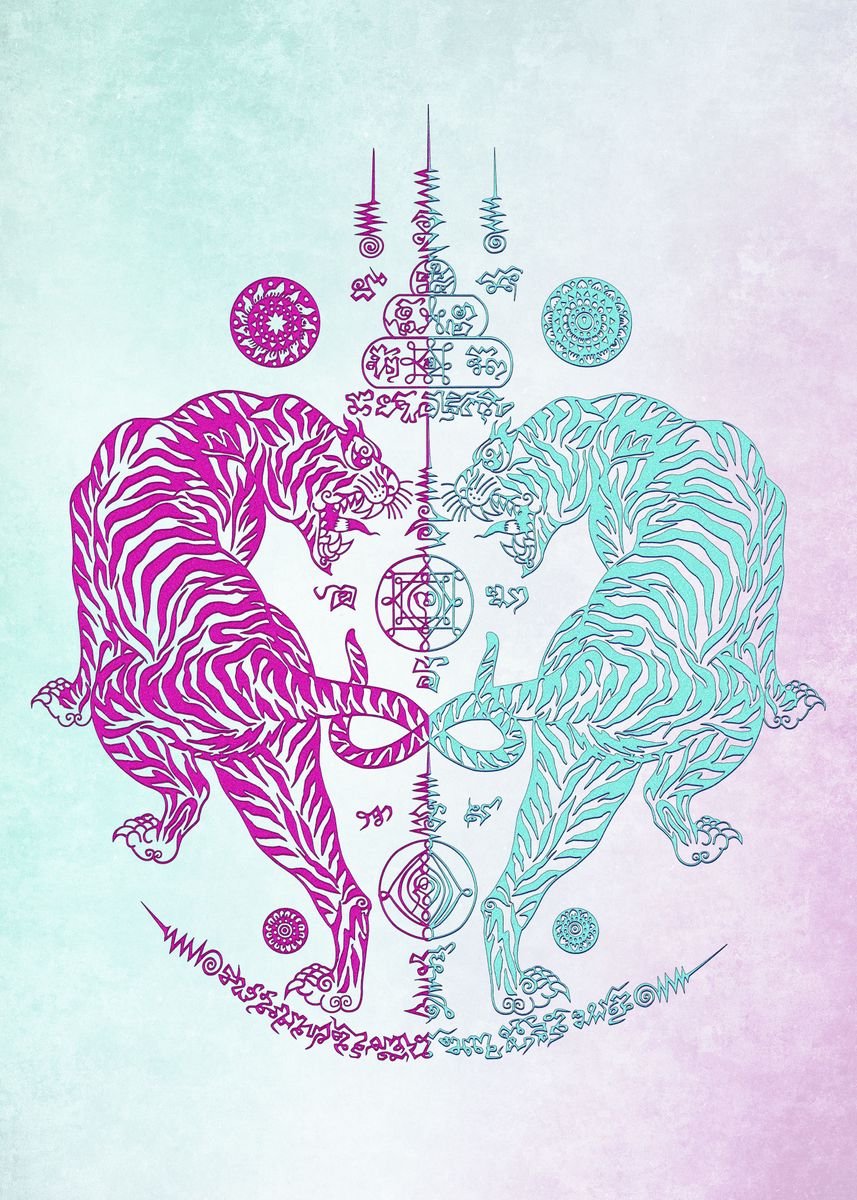 'Sak Yant Tigers Pink Blue' Poster, picture, metal print, paint by 888 ...