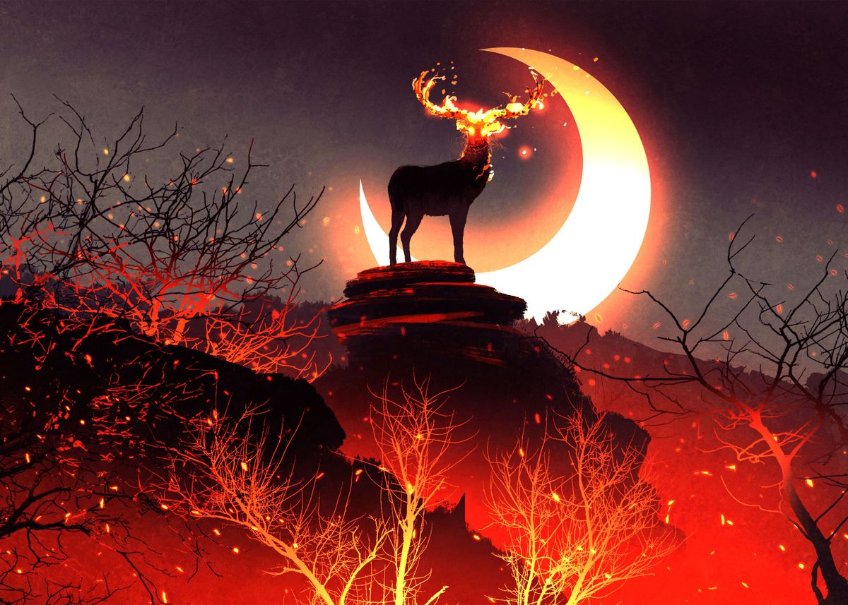 'Flaming deer in Moonlight' Poster by Michael Landsberger | Displate