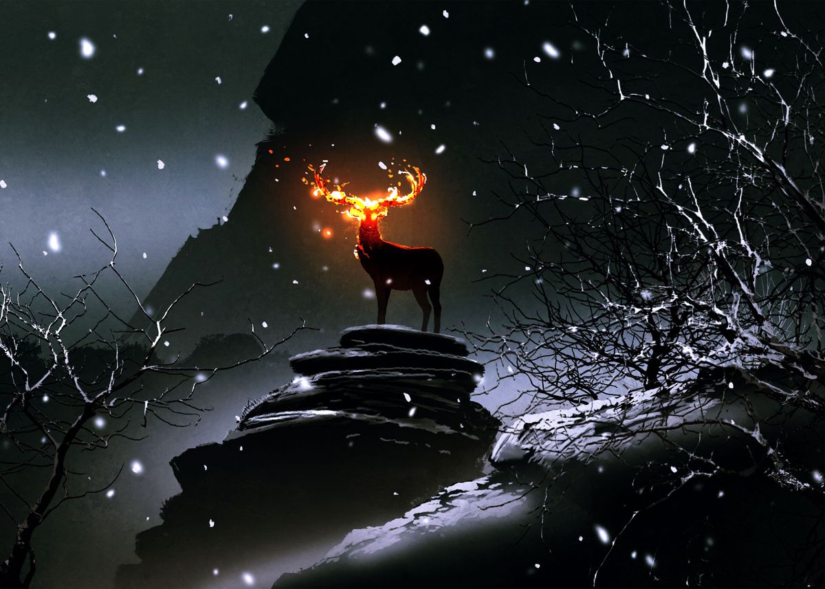 'Flaming deer in the snow' Poster by Michael Landsberger | Displate