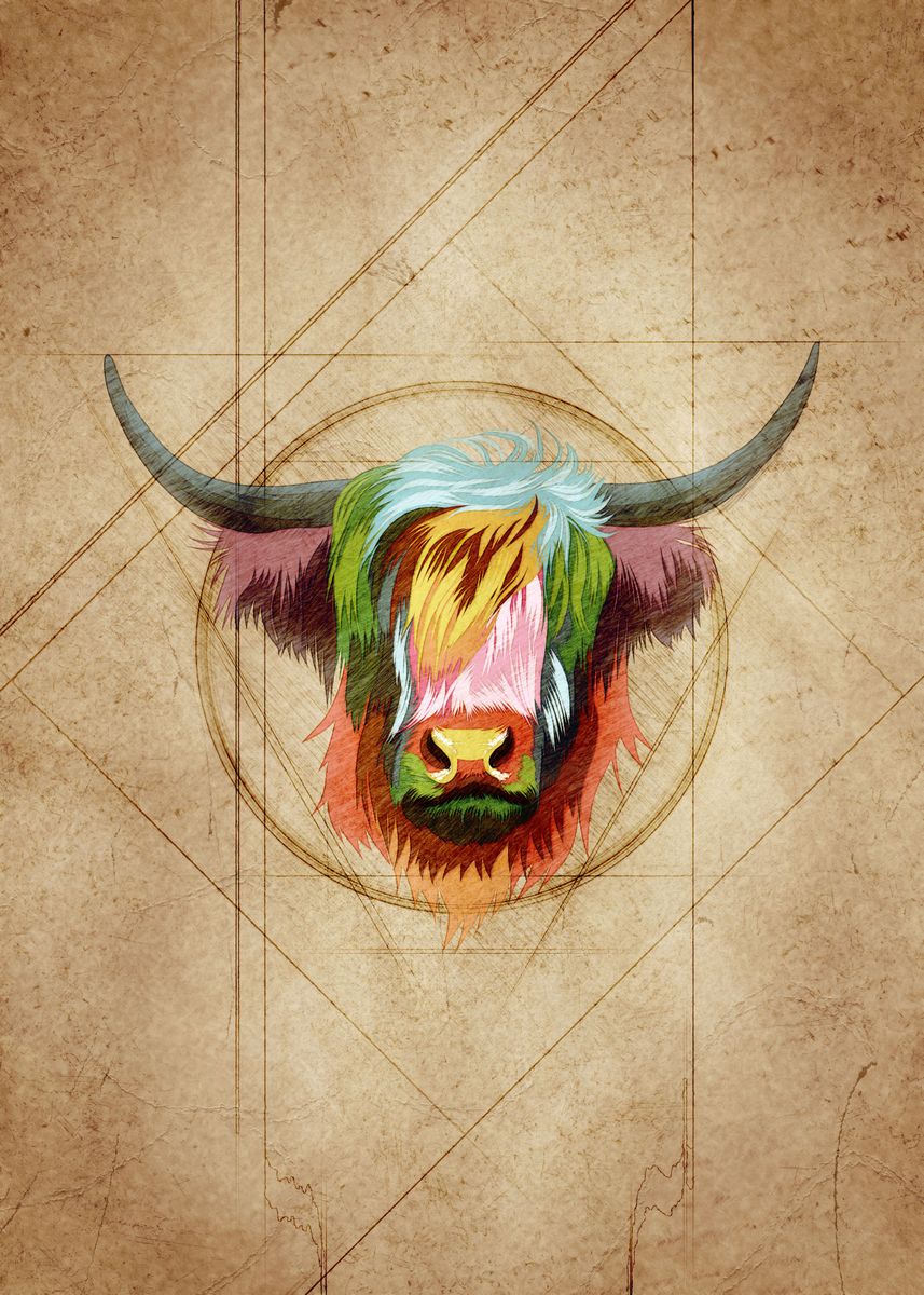 'Highland Cow Head Vintage' Poster, picture, metal print, paint by Moon ...