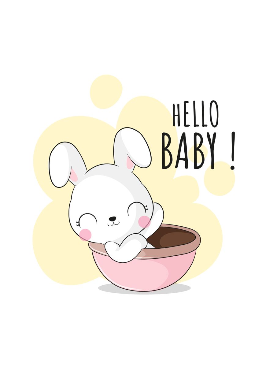 'Cute bunny says hello baby' Poster, picture, metal print, paint by ...