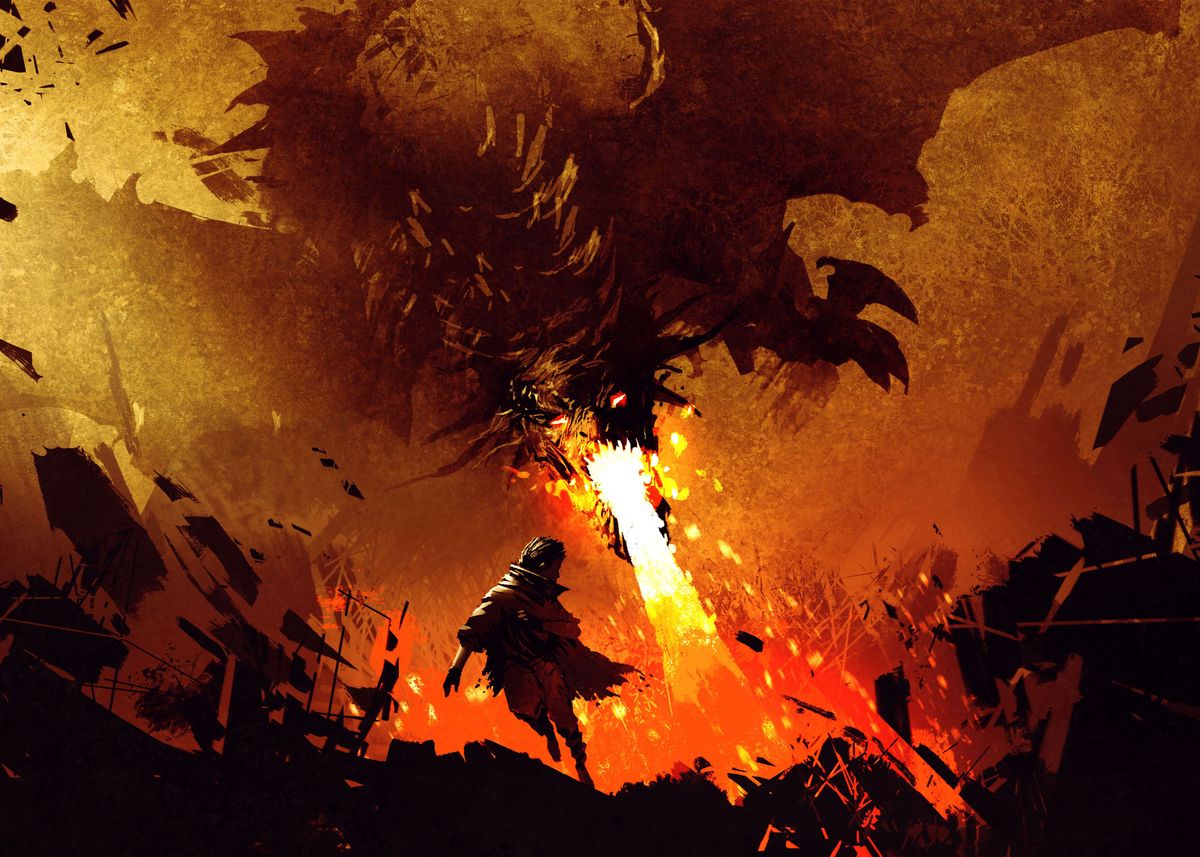 'Dragon spits fire' Poster by Michael Landsberger | Displate