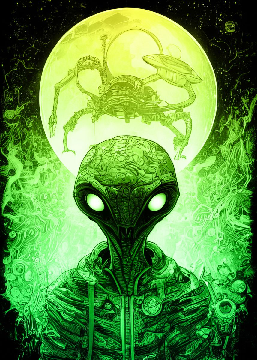 'Green Alien and UFO' Poster, picture, metal print, paint by Mezma and ...