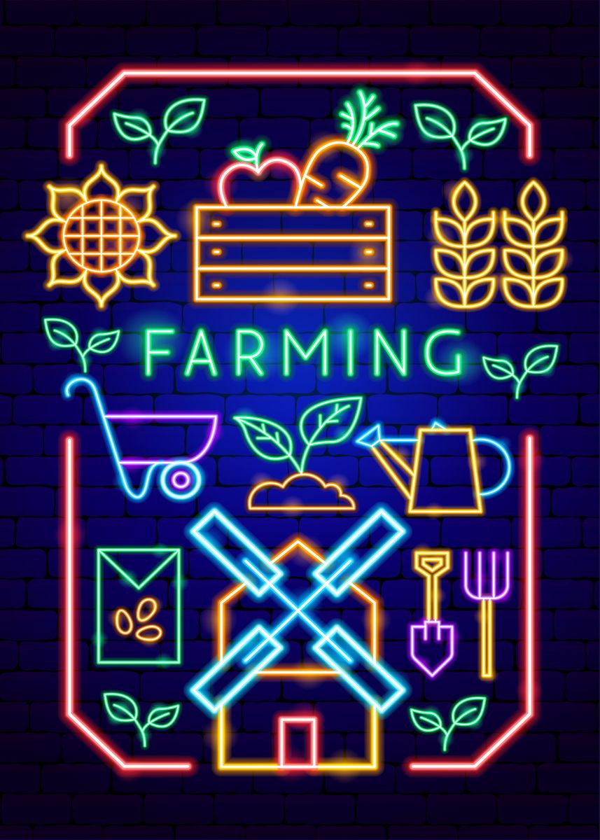 'Farming Neon ' Poster, picture, metal print, paint by kun bin | Displate