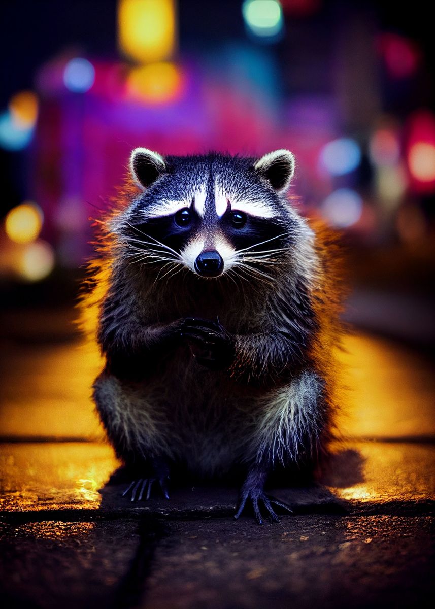 'Raccoon in cyberpunk city' Poster, picture, metal print, paint by Wild ...