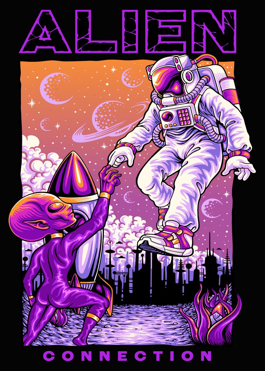 'Astronauts connect aliens' Poster, picture, metal print, paint by ...