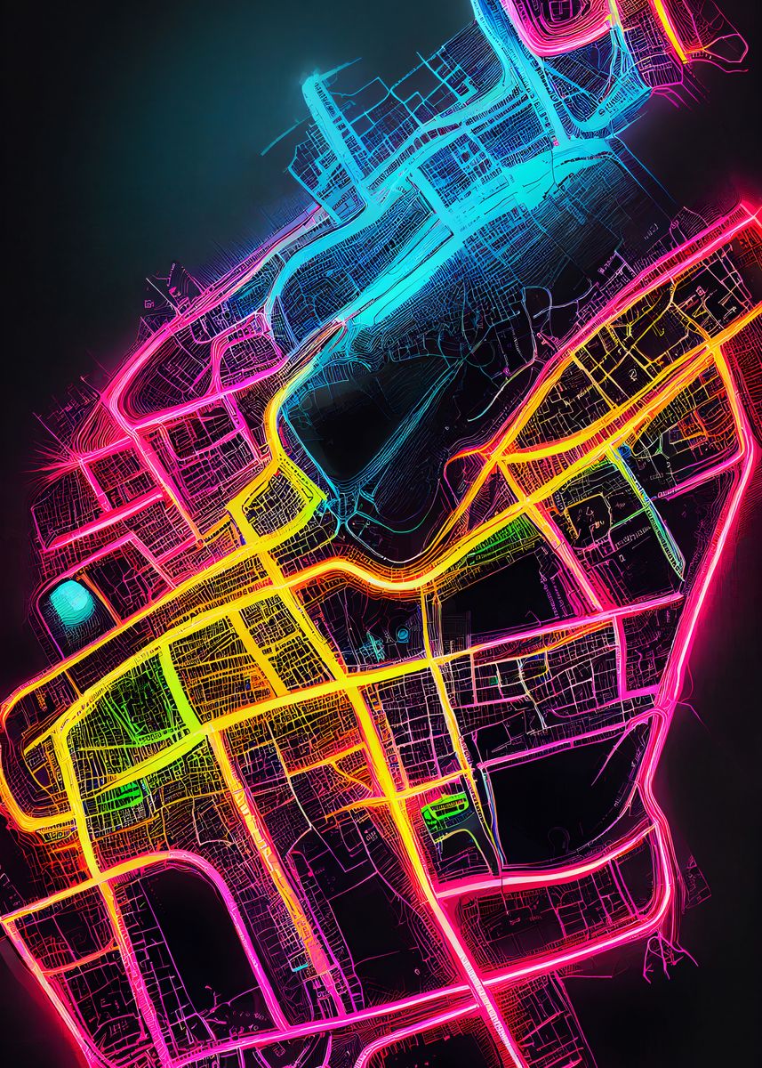 'Neon City Map' Poster, picture, metal print, paint by Holzkovic | Displate