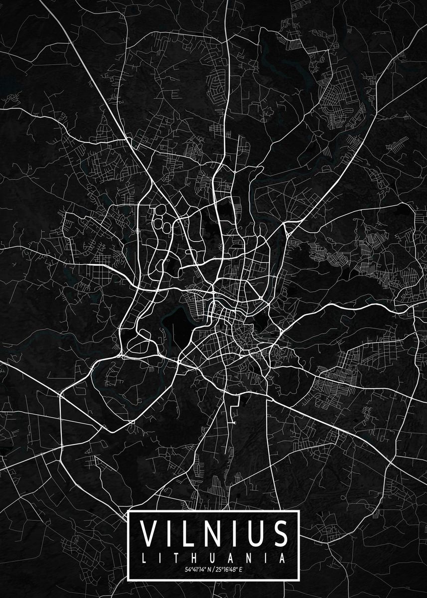 'Vilnius City Map Dark' Poster, picture, metal print, paint by deMAP ...