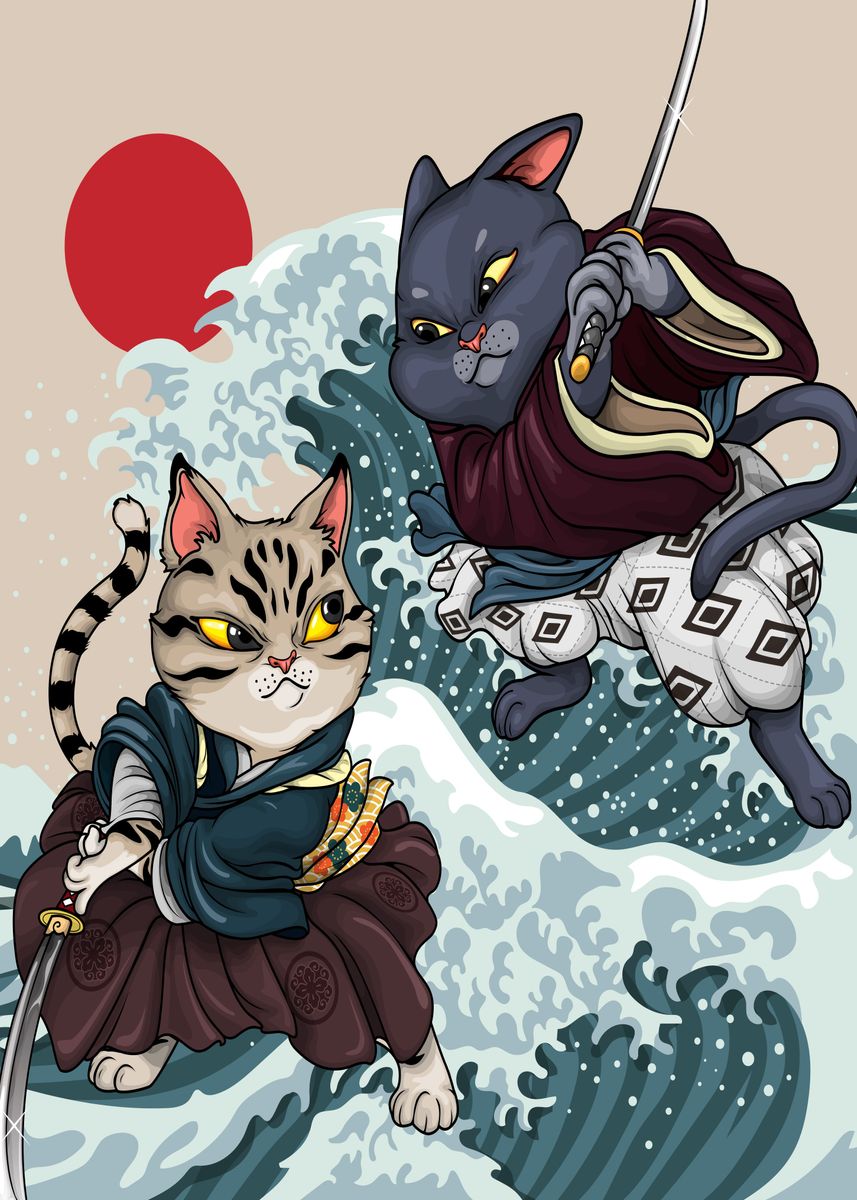 'Samurai cats' Poster, picture, metal print, paint by Lloyd Studio ...