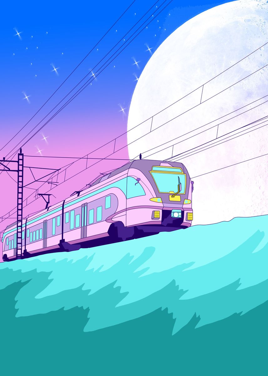 'train with moon night' Poster, picture, metal print, paint by Muhammad ...
