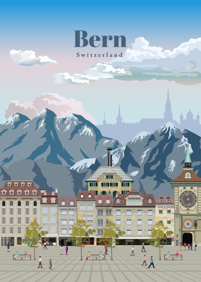 'Travel to Bern' Poster, picture, metal print, paint by Studio 324 | Displate