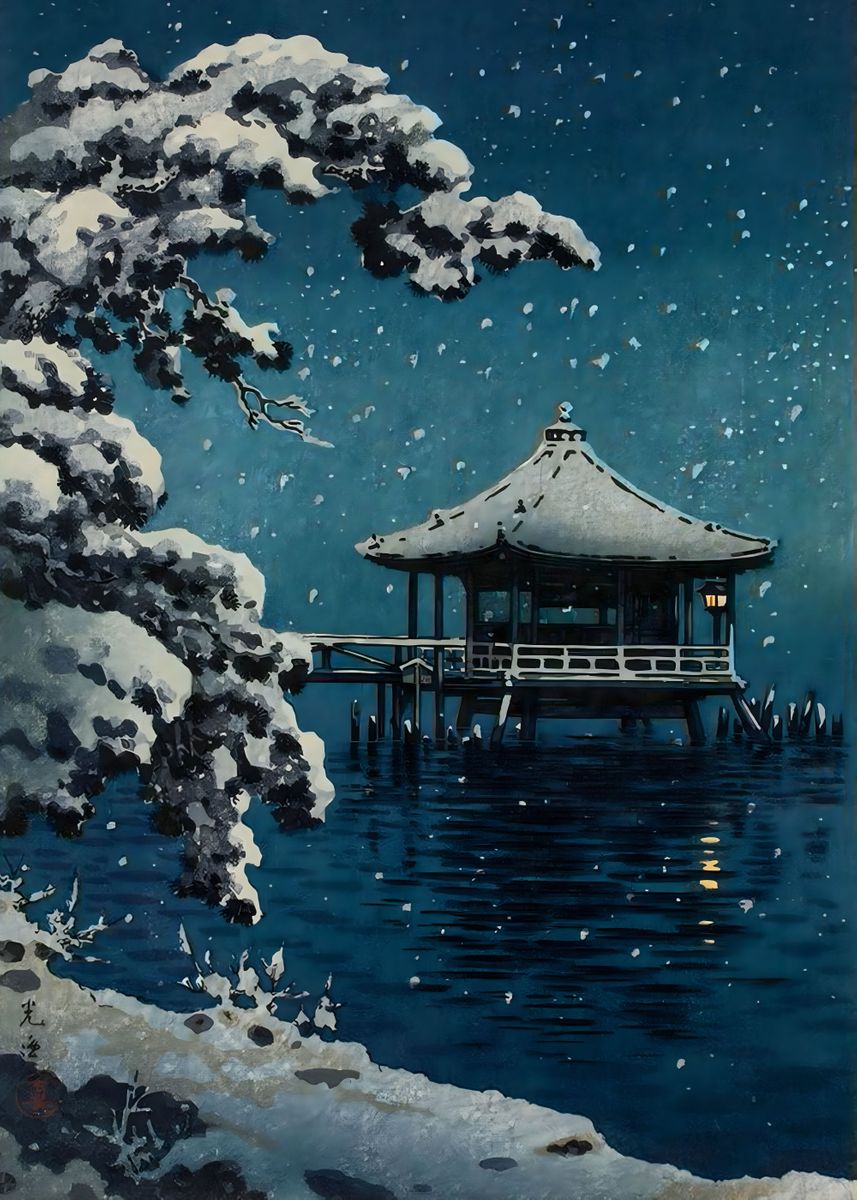 'Ukiyo e Snow at Ukimido' Poster, picture, metal print, paint by kagezami | Displate