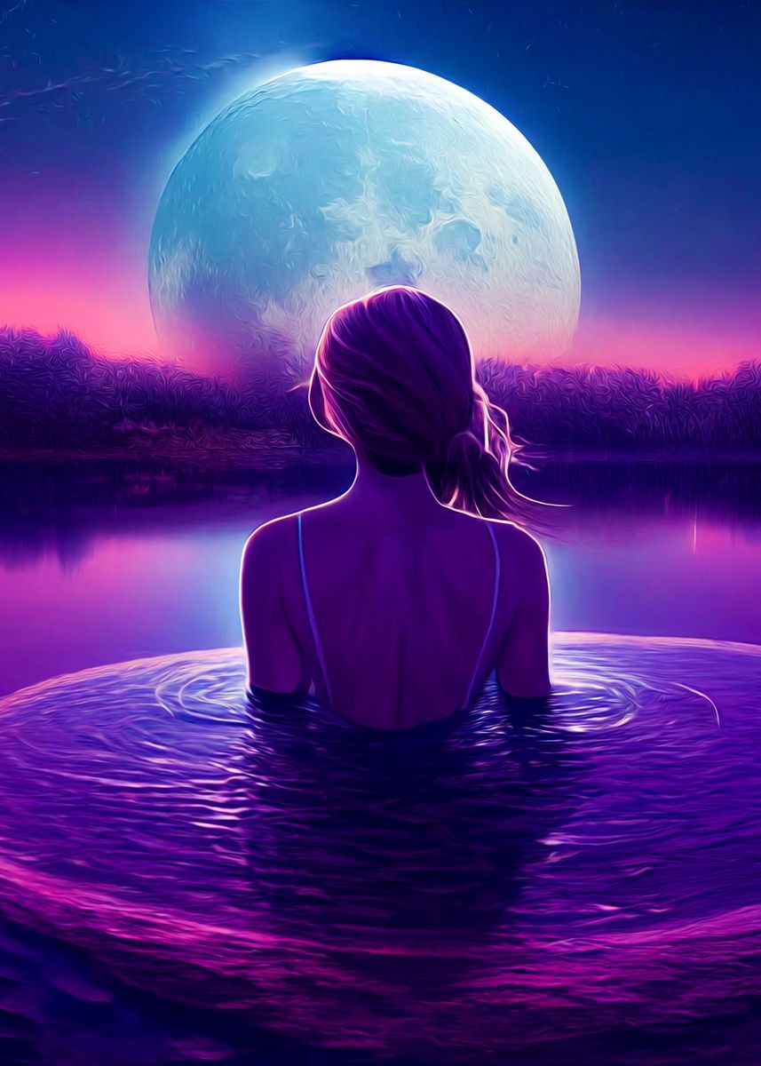 'woman in a moon lake' Poster, picture, metal print, paint by Juan ...