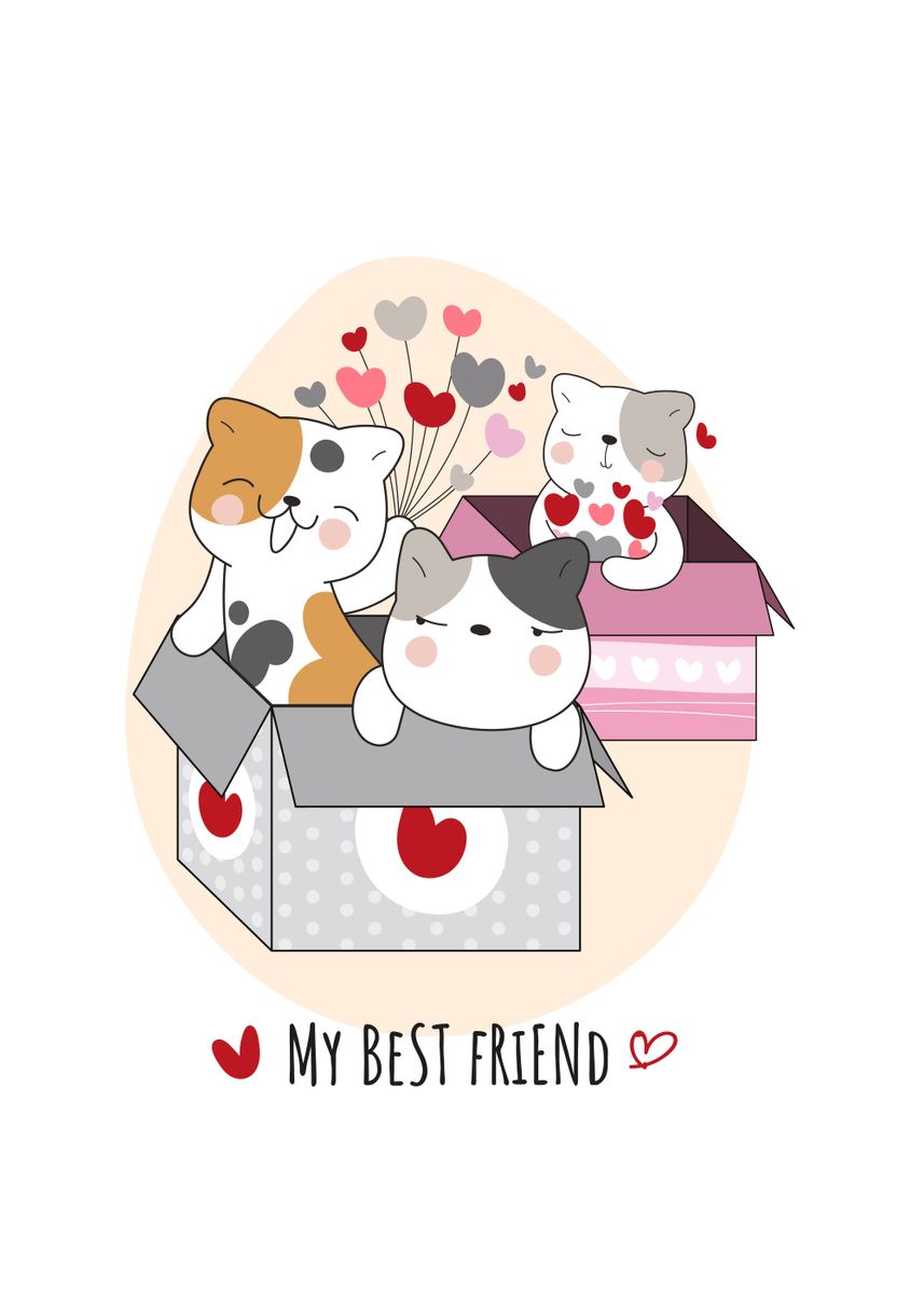 'Cute Cats Best Friends' Poster, picture, metal print, paint by Faissal ...